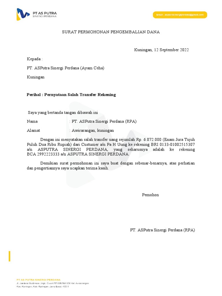 Surat Permohonan Pengembalian Dana | PDF