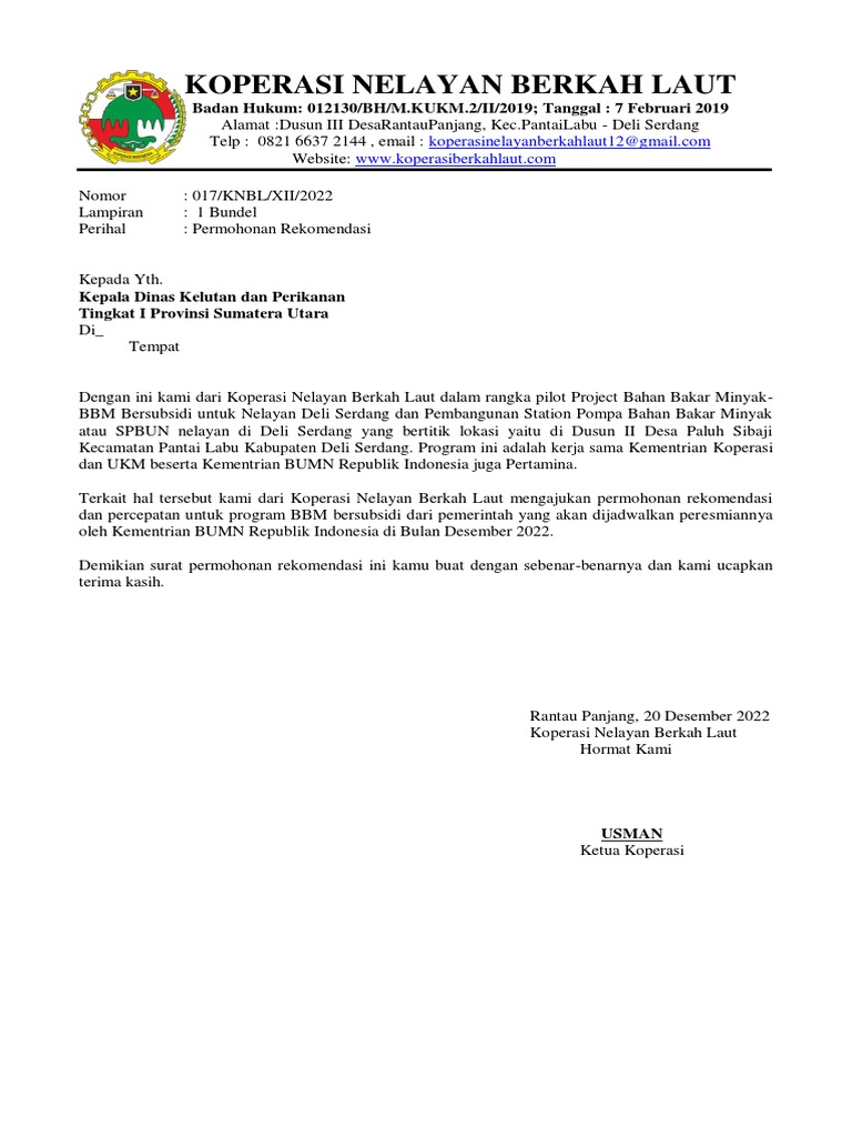 Surat Permohona Rekomendasi Untuk DKP Tingkat I | PDF