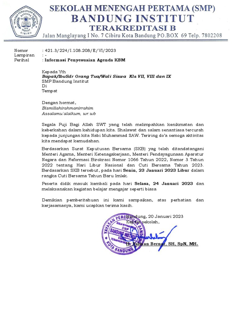 Surat Pemberitahuan Libur | PDF