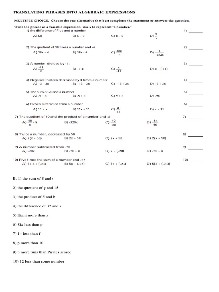 TRANSLATING PHRASES INTO ALGEBRAIC EXPRESSIONS WORKSHEET | PDF