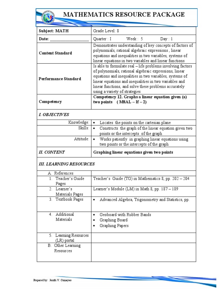 DLP WEEK 6 Graphing Linear Equation Given Two Points and X and y ...