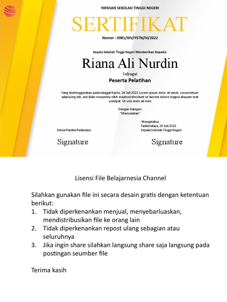 Sertifikat Pelatihan YSTN 2022 | PDF