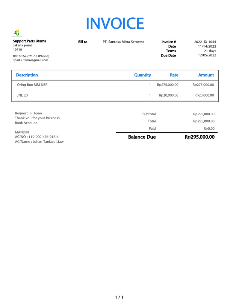 Invoice for PT. Santosa Mitra Semesta | PDF