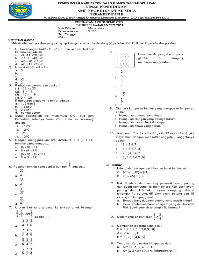 PTS Matematika Kelas 7 2022 | PDF