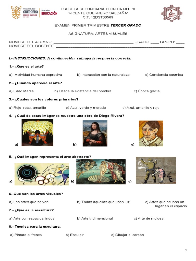 Examen de Artes Visuales del Tercer Grado: Preguntas sobre Conceptos ...
