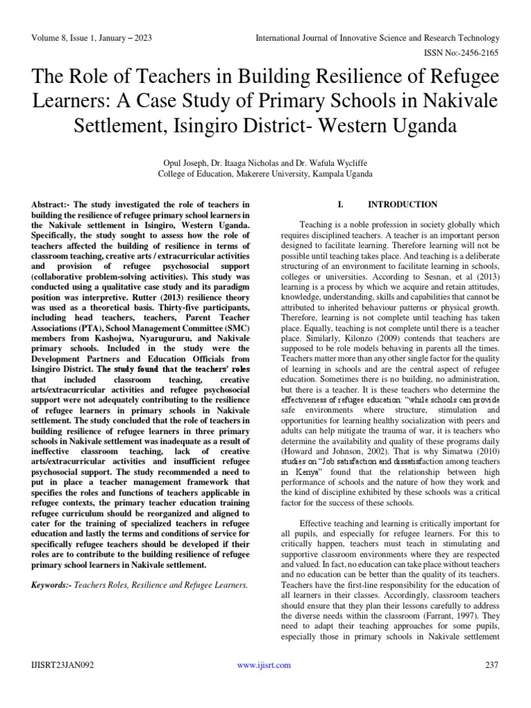 The Role of Teachers in Building Resilience of Refugee Learners A Case ...
