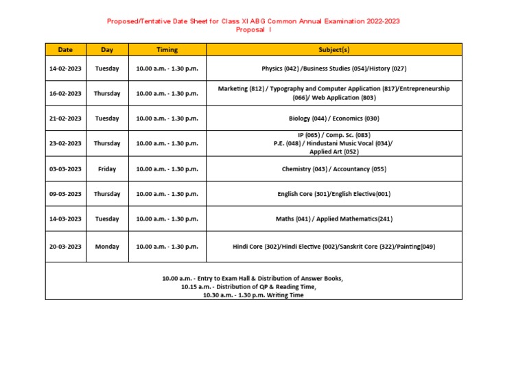 Datesheet For Class XI ABG Common Annual Exam 2023 | PDF