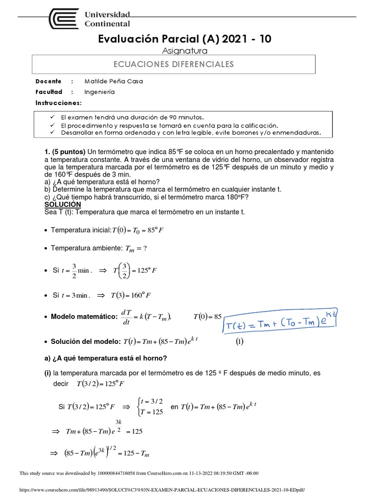 Soluci N Examen Parcial Ecuaciones Diferenciales 2021 10 Ed PDF | PDF | Ecuaciones | Cantidades ...