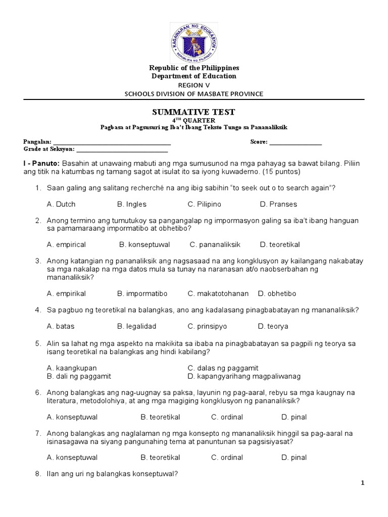 Pagbasa Summative Test | PDF