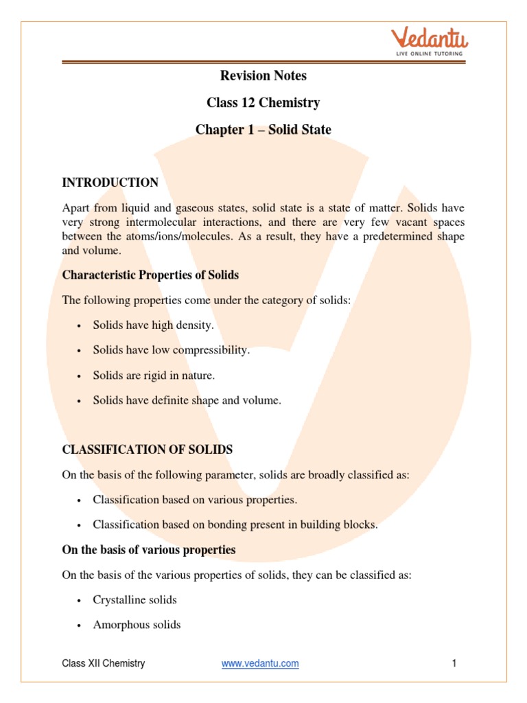 Solid State Chemistry Notes for Class 12 | PDF | Crystal Structure | Solid