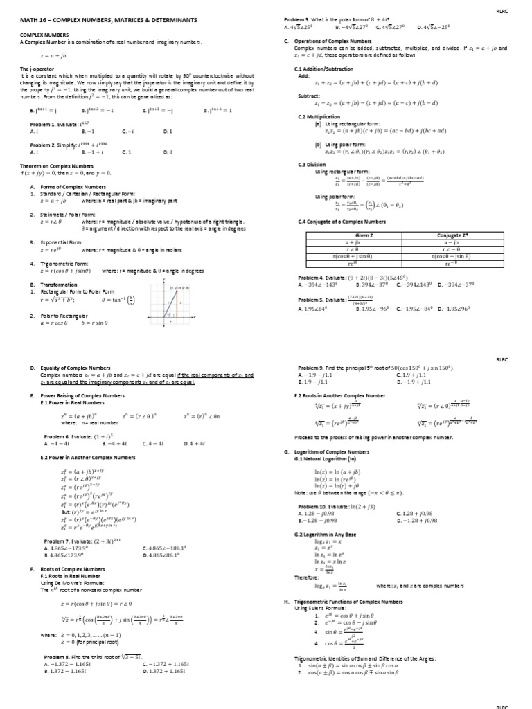 Math 16 Complex Nos Mats Dets Print | PDF | Matrix (Mathematics) | Determinant