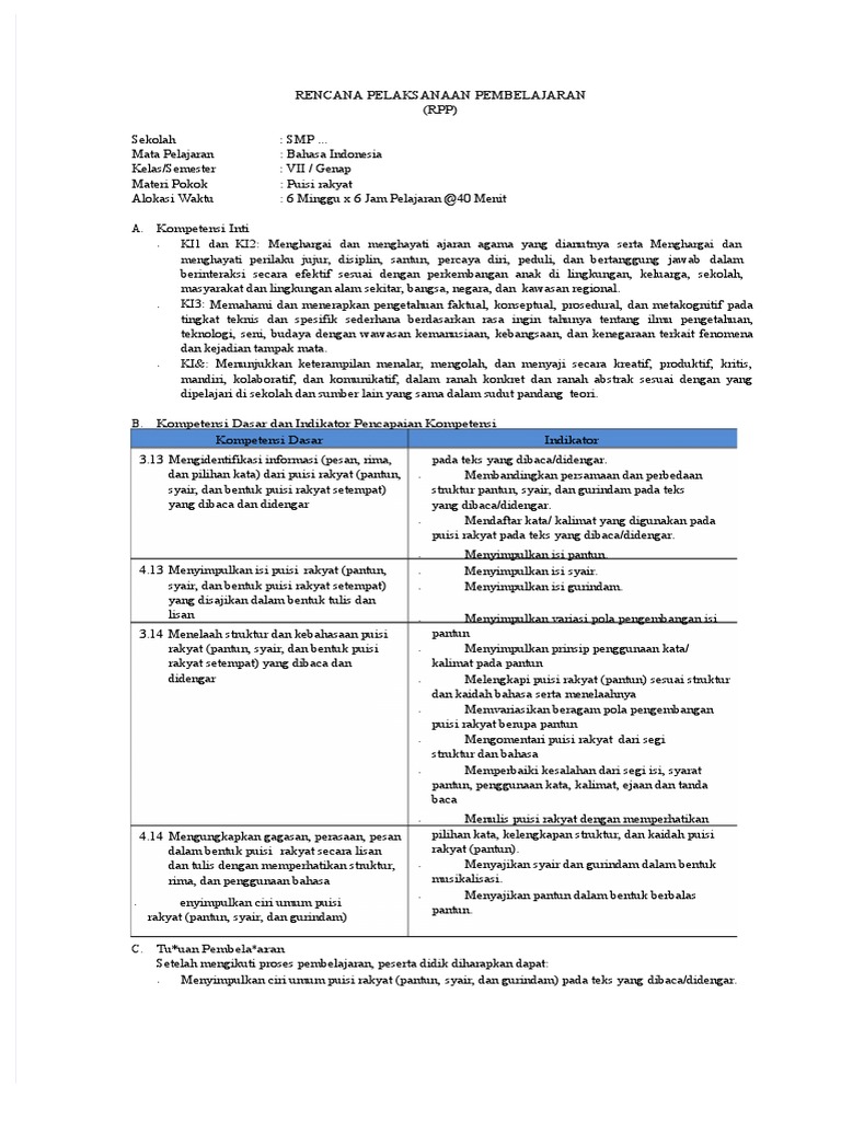 PDF Contoh RPP k13 Bahasa Indonesia Puisi Rakyat Terbaru Disertai ...