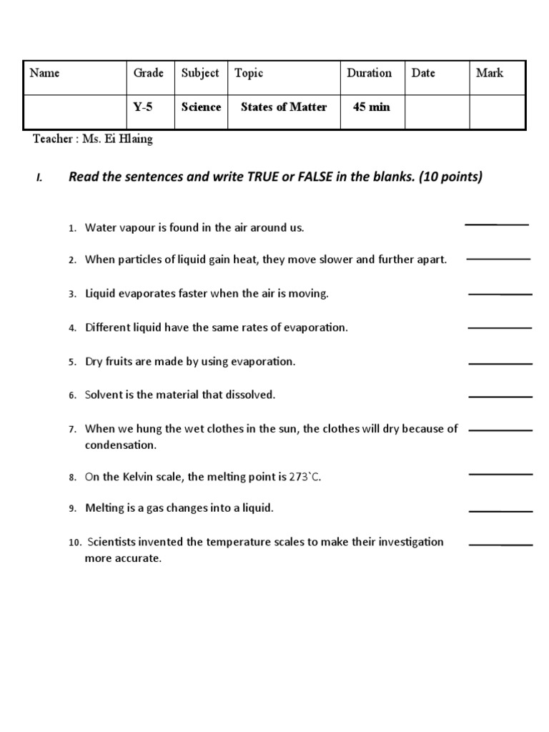 Grade 5 States of Matter Quiz | PDF