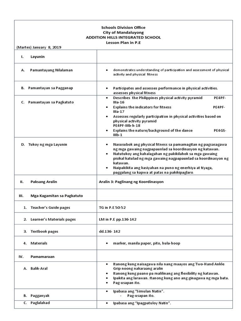 P.E Aralin 3 Y3 | PDF