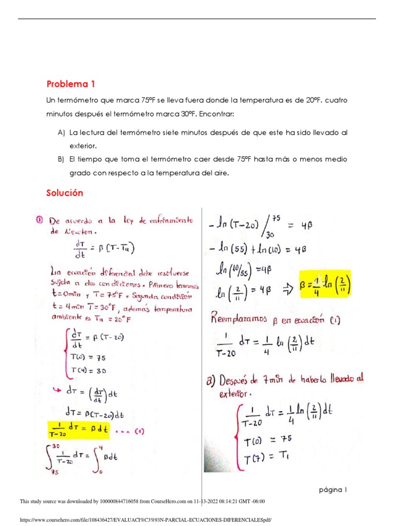 Evaluaci N Parcial Ecuaciones Diferenciales PDF | PDF | Termómetro | Física Aplicada e ...