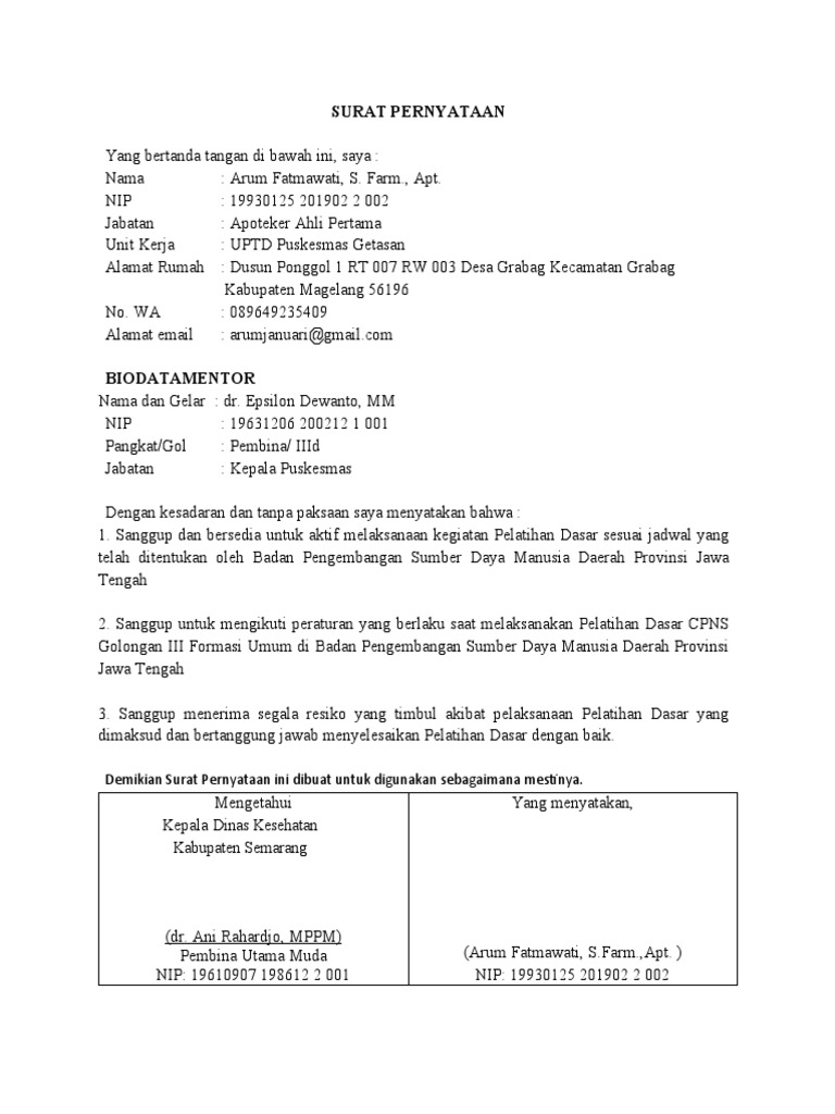 SURAT PERNYATAAN Arum Fatmawati WPS Office | PDF