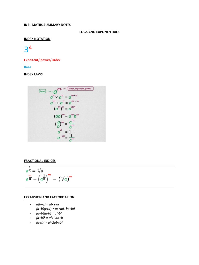 Ib SL Maths Summary Notes | PDF | Logarithm | Euclidean Vector
