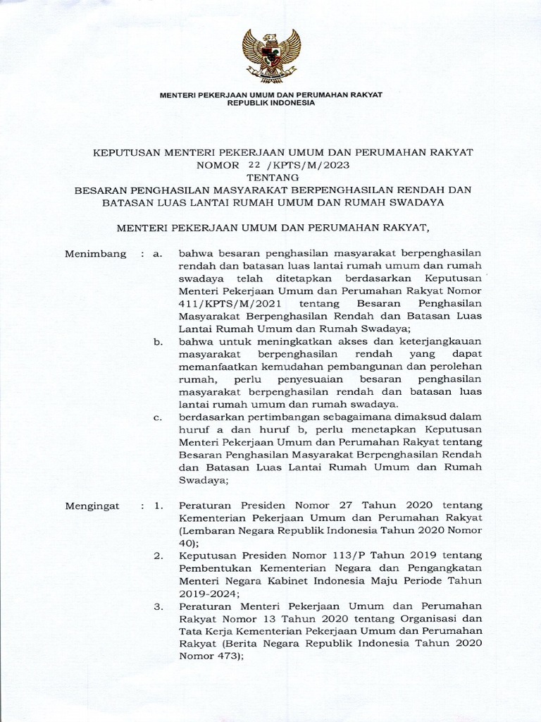 Kepmen Pupr Nomor 22 Tahun 2023 TTG Besaran Penghasilan Masyarakat ...