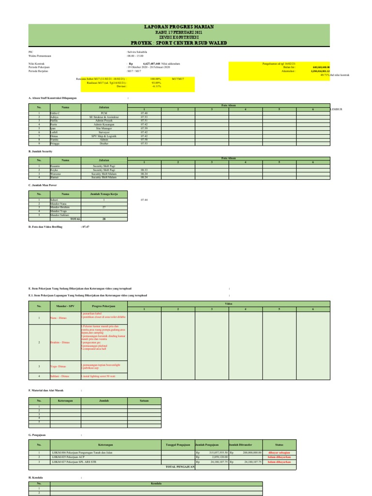 Progres Harian Konstruksi Sport Center | PDF