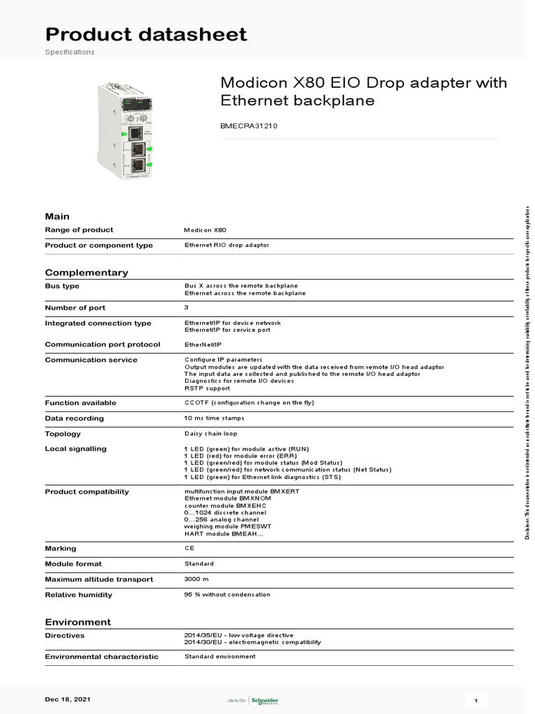 Modicon X80 I - Os - BMECRA31210 | PDF | Ethernet | Network Topology