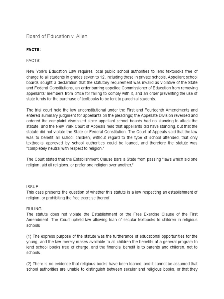 Board of Education v. Allen Summary | PDF | First Amendment To The ...