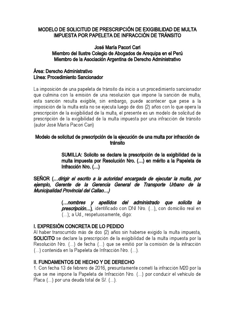 Modelo de Solicitud de Prescripción de Exigibilidad de Multa Impuesta Por Papeleta de Infracción ...