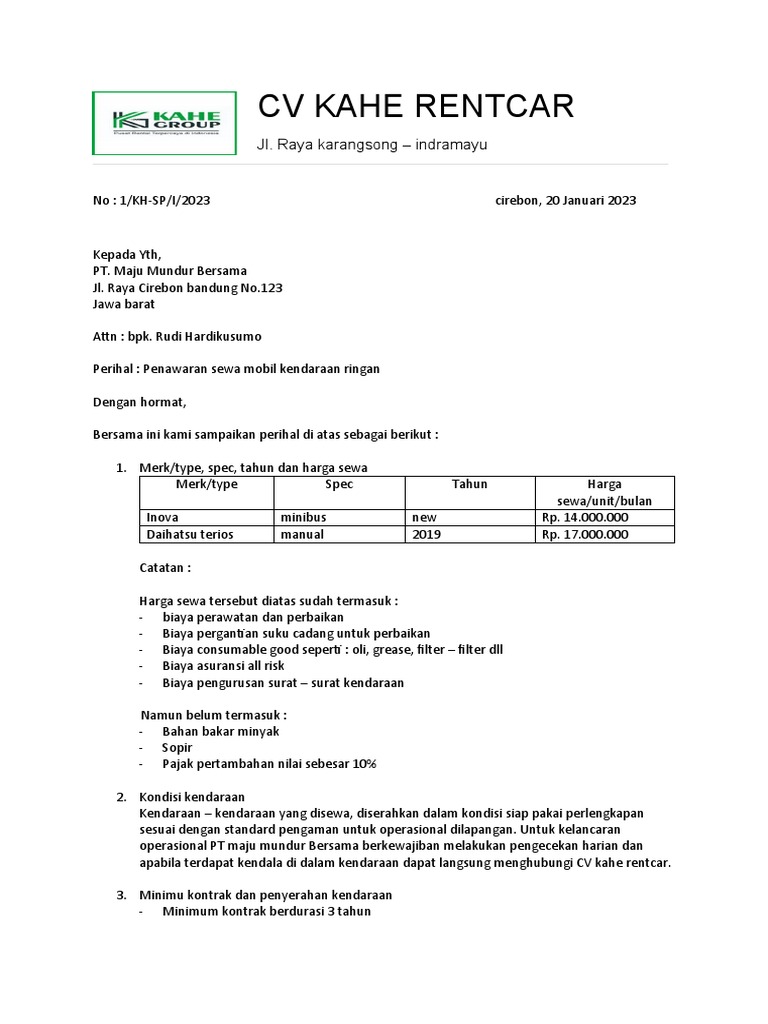 Surat Penawaran Rental Mobil | PDF | Bisnis | Pengelolaan Keuangan & Uang