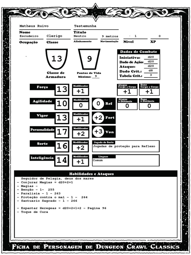 DCC RPG - Ficha Personagem - Exemplo Clerigo | PDF | Videogames | Jogos ...