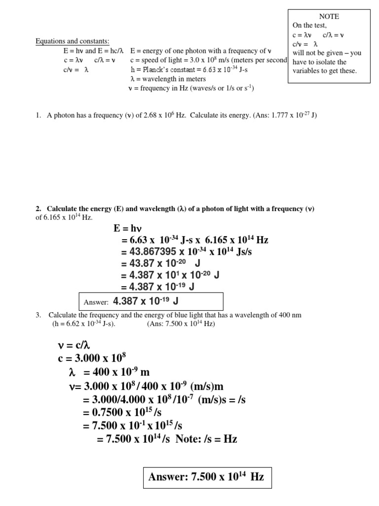 Energy - Wavelength - Frequency Calculations | PDF | Hertz | Frequency