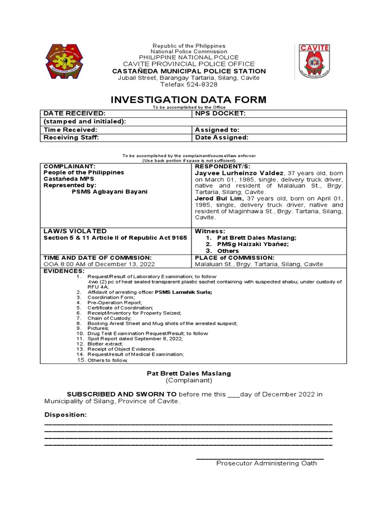 Drug Possession Case Report and Investigation Form Regarding the Arrest ...