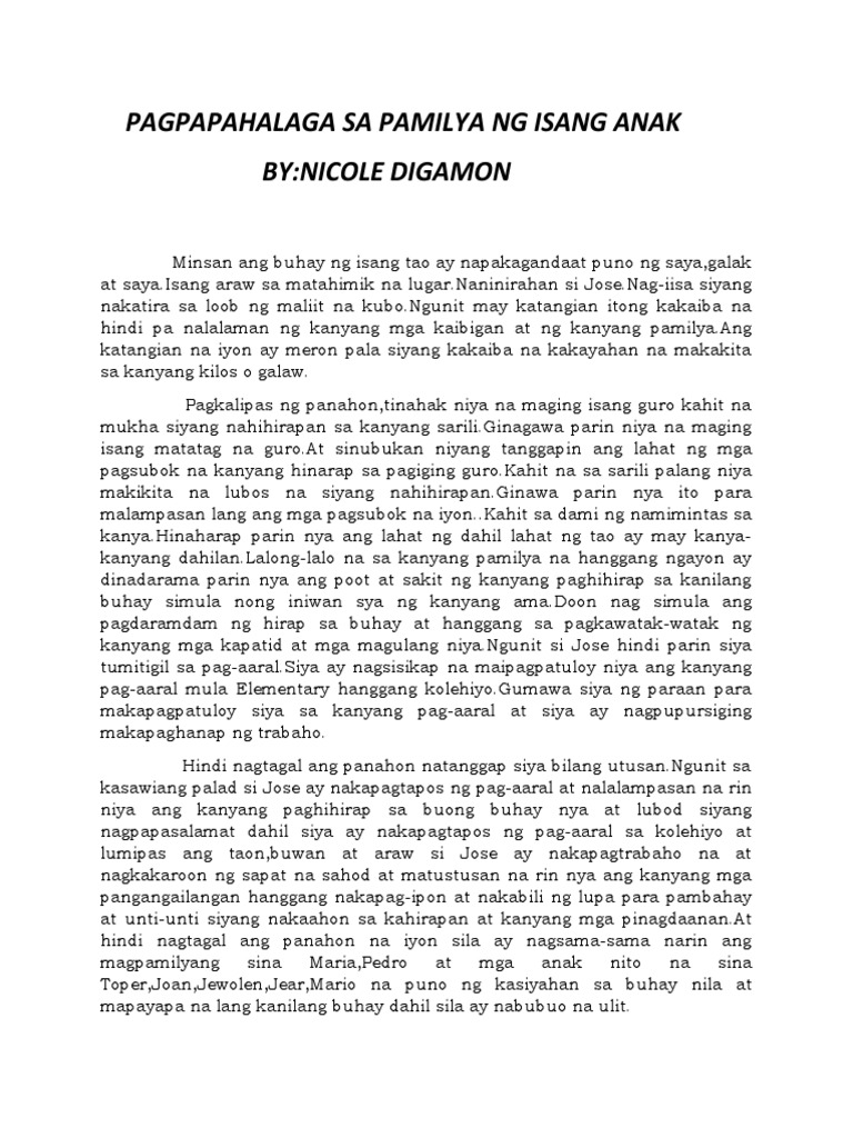 Pagpapahalaga Sa Pamilya NG Isang Anak | PDF