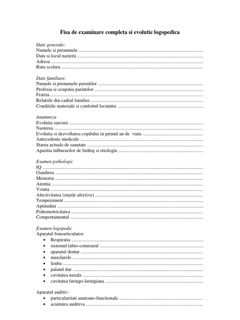 Fisa de Examinare Completa Si Evolutie Logopedica | PDF