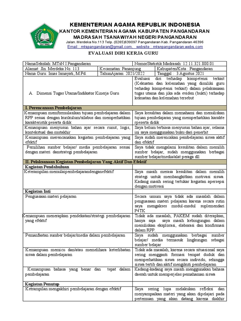 Daftar Evaluasi Diri Dan Kerja Guru | PDF