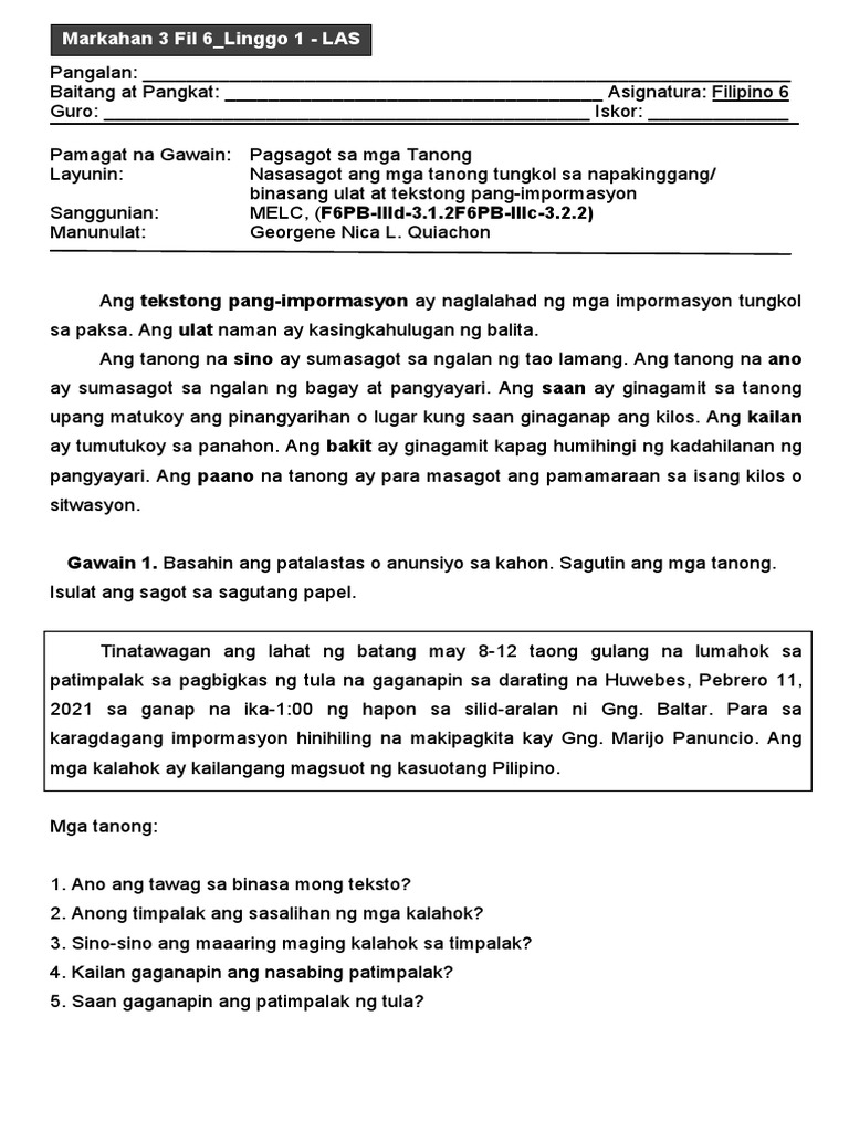 Filipino 6 LAS Q3 | PDF