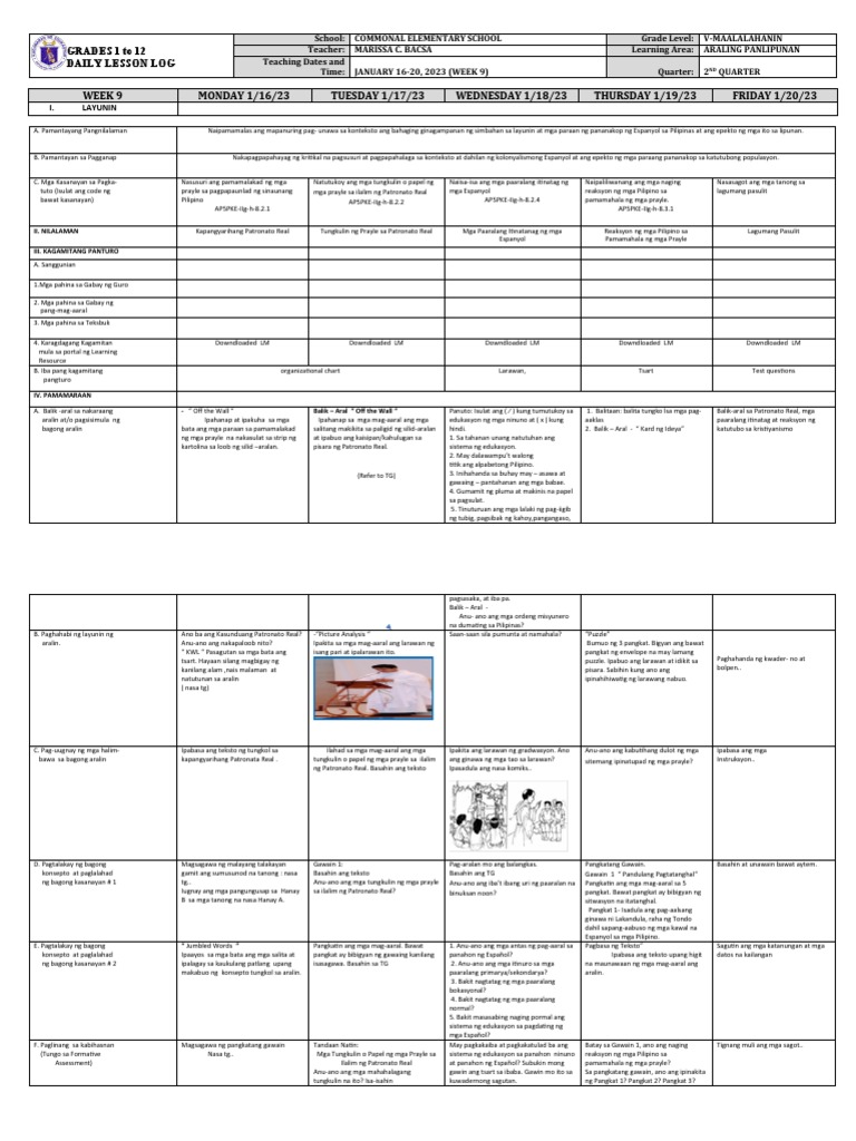 DLL Araling Panlipunan 5 q2 w9 | PDF