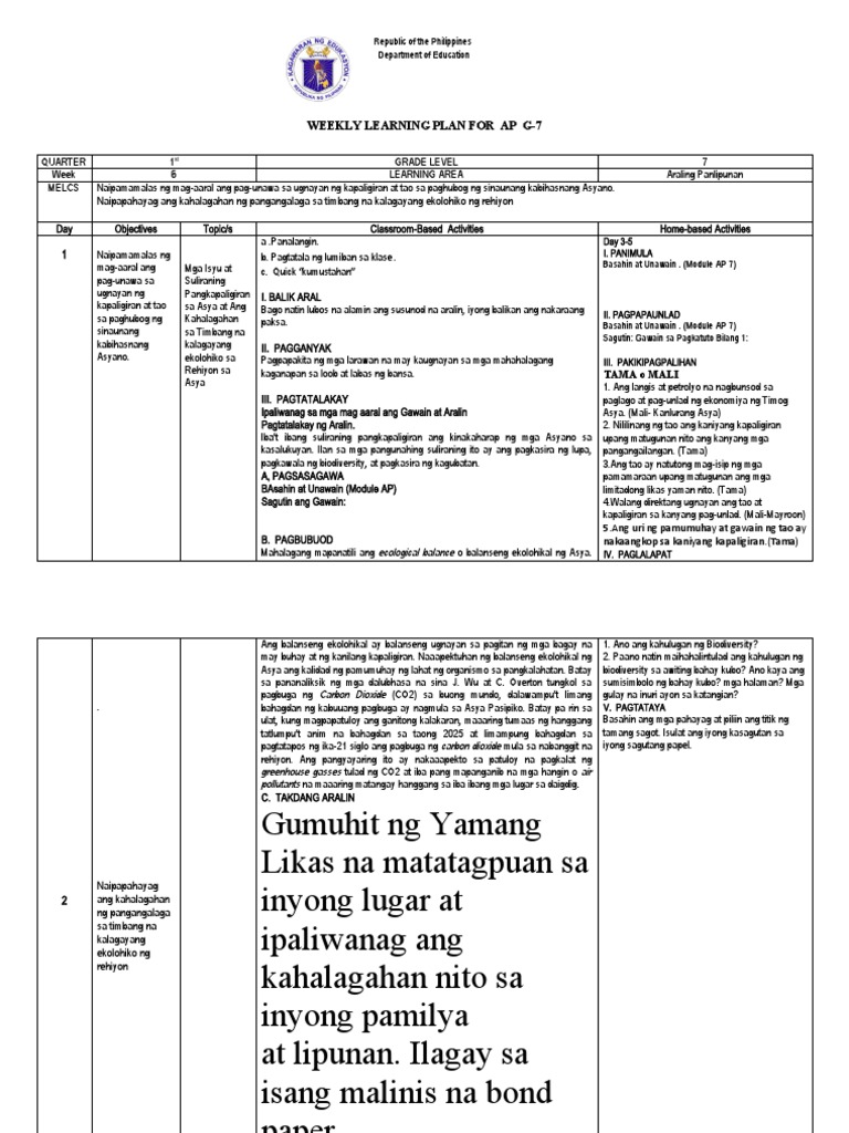 Weekly-Plan-AP 7 (Week 6) | PDF