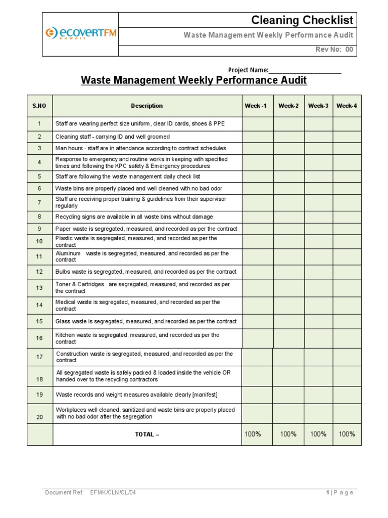 Waste Management Weekly Performance Audit Checklist Tracking ...