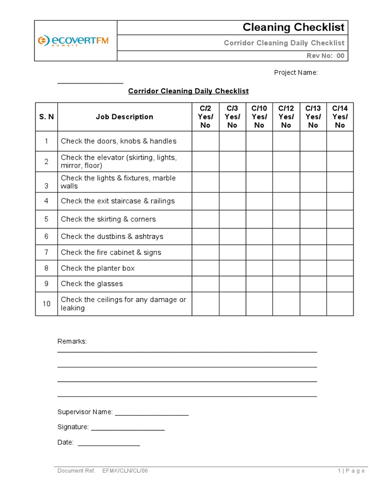 Corridor Cleaning Daily Checklist | PDF