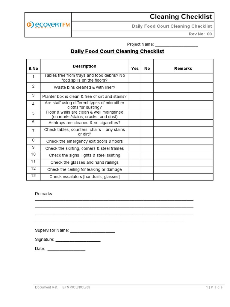 Daily Food Court Cleaning Checklist | PDF