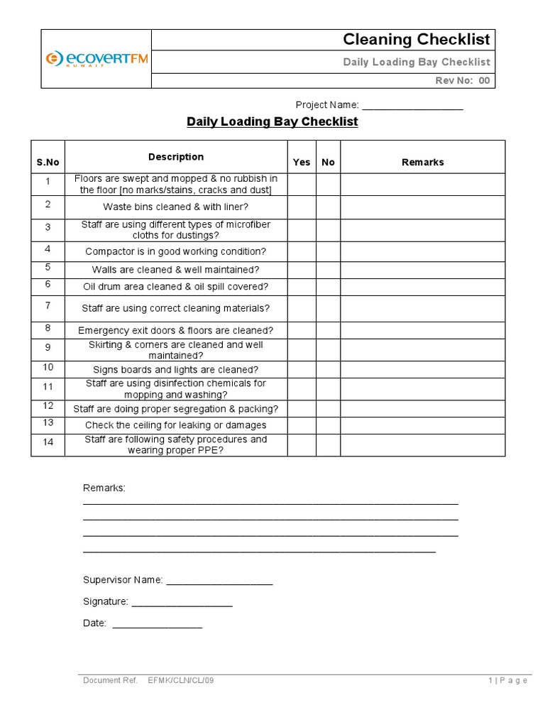 EFMK-CLN-CL-09 - Daily Loading Bay Checklist | PDF