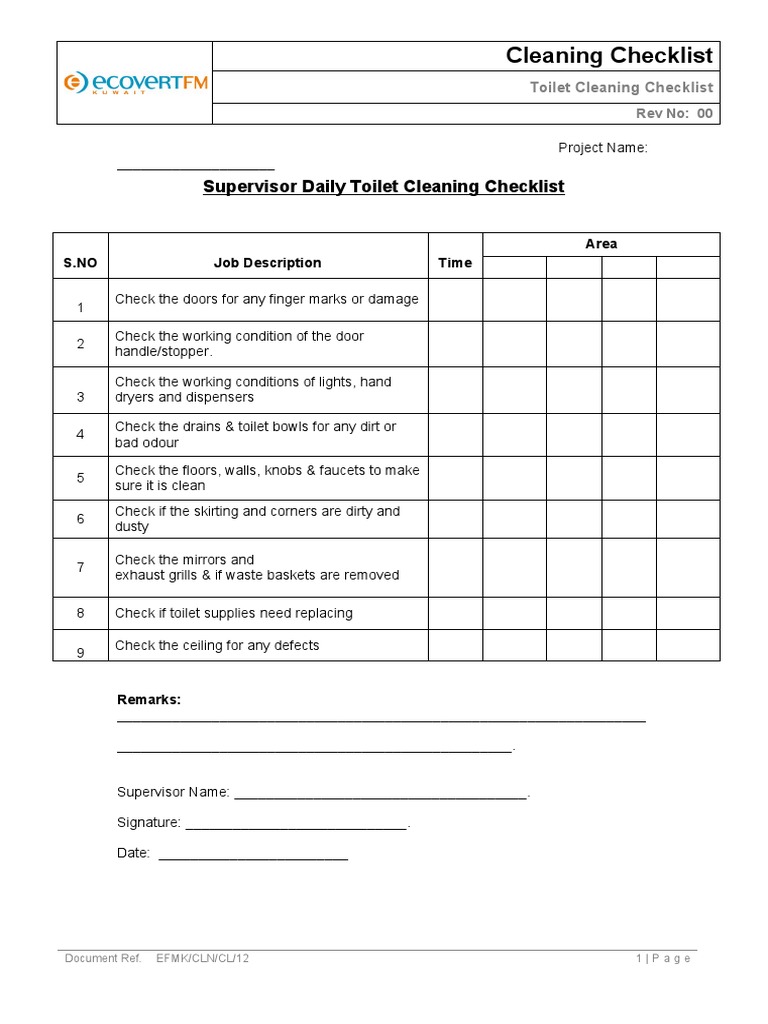 EFMK-CLN-CL-12 - Supervisor Daily Toilet Cleaning Checklist | PDF