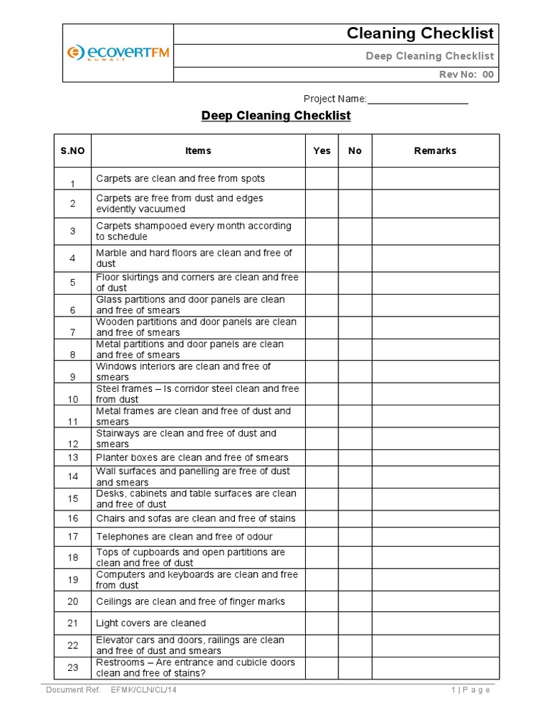 Comprehensive Deep Cleaning Checklist | PDF | Bathroom | Door