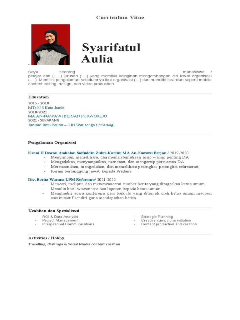 FREE TEMPLATE CV Masuk Organisasi by Vina Muliana | PDF | Karier & Perkembangan