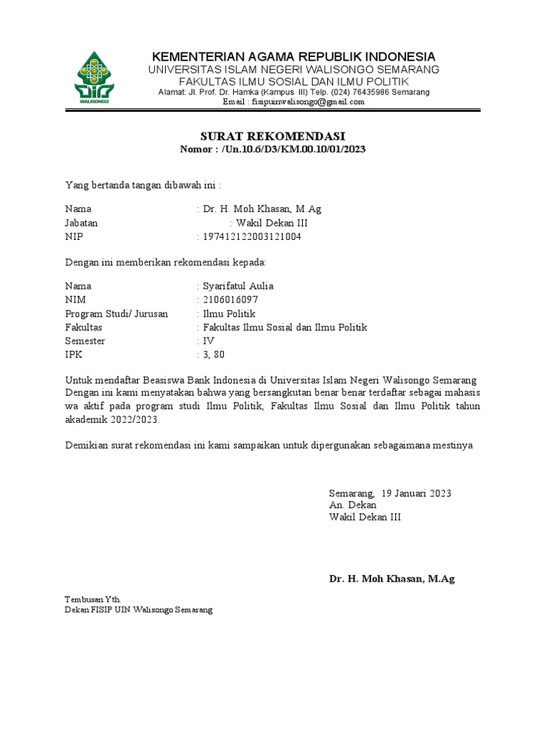 FORM SURAT REKOMENDASI - Syarifatul Aulia | PDF