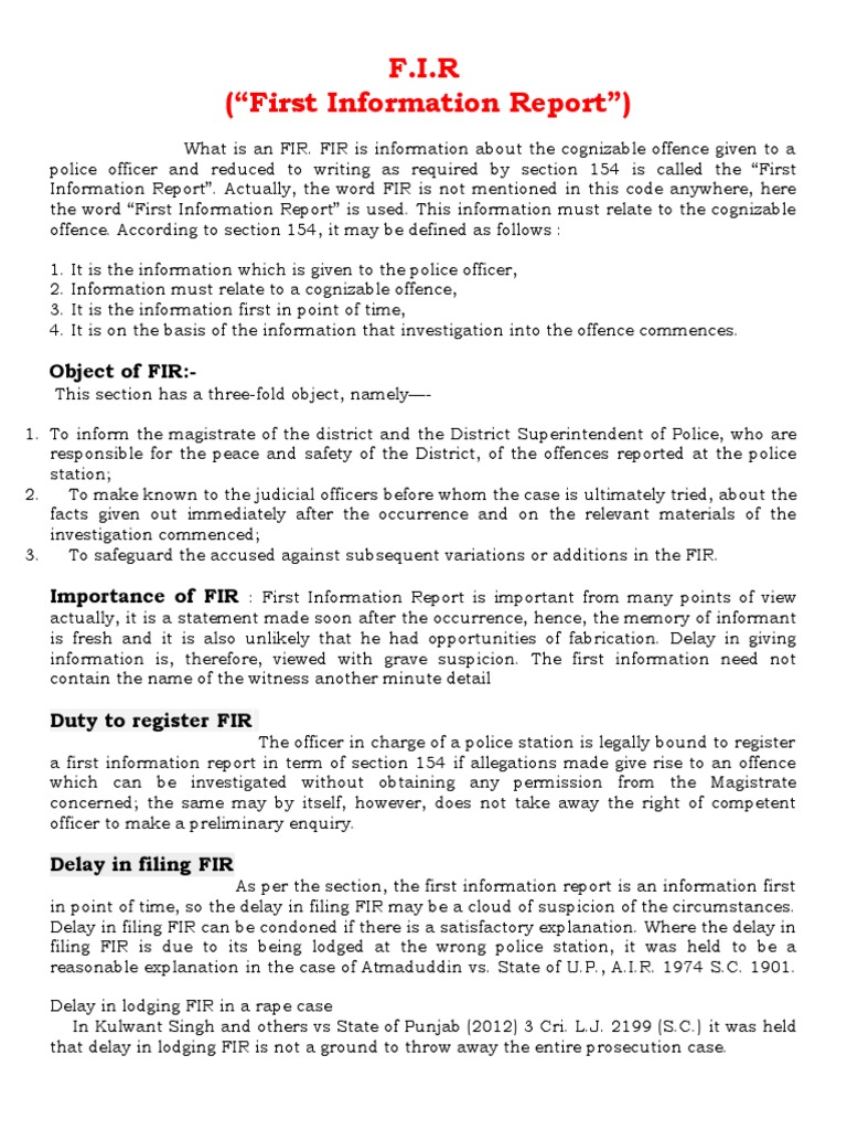 F.I.R ("First Information Report") : Object of FIR | Download Free PDF | Police | Crimes