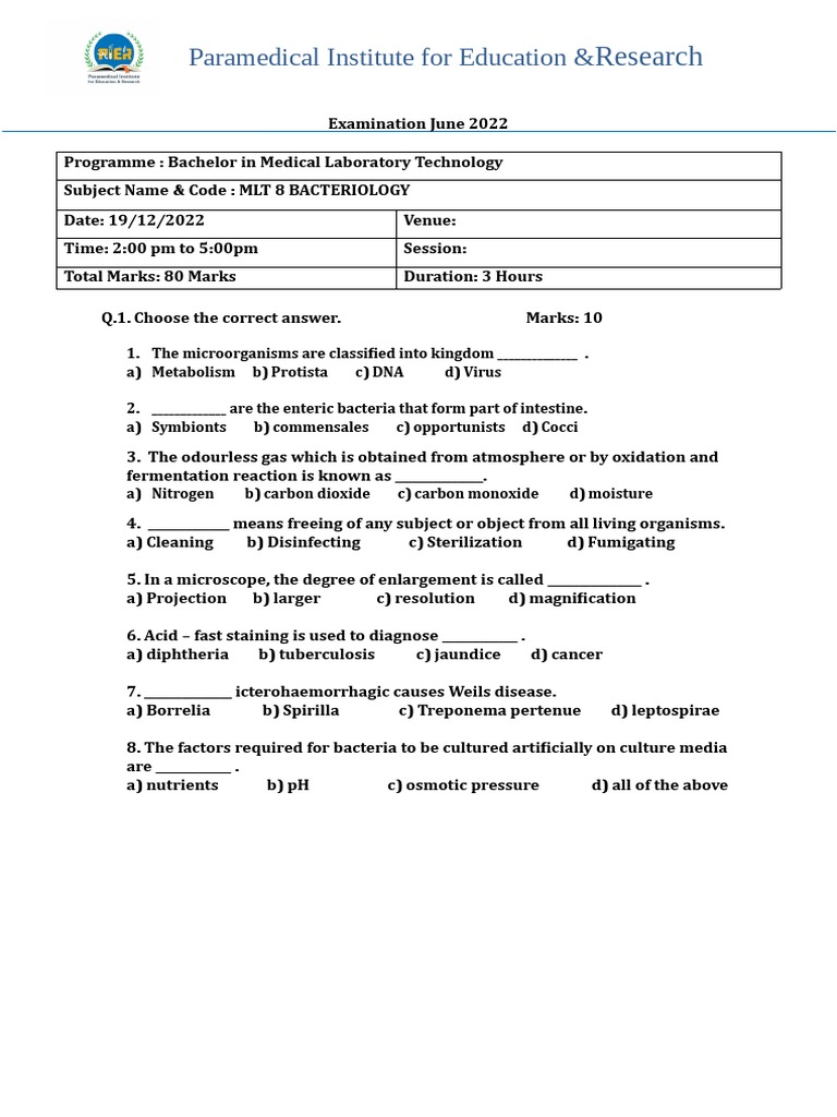 Bacteriology Exam Paper for MLT Students | PDF | Bacteria | Clinical ...
