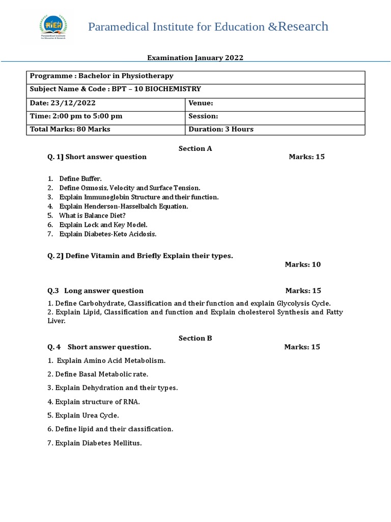 Sem 3 BPT Biochemistry Paper 2 (Question Paper) Rectify | PDF