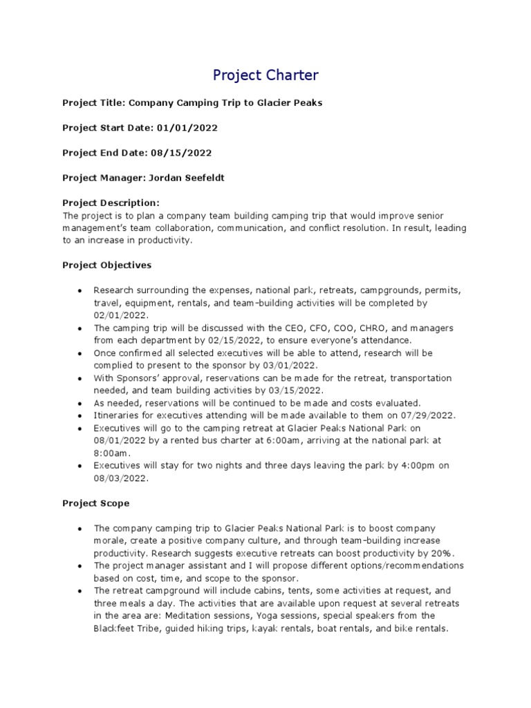 Project Charter | Download Free PDF | Camping | Business