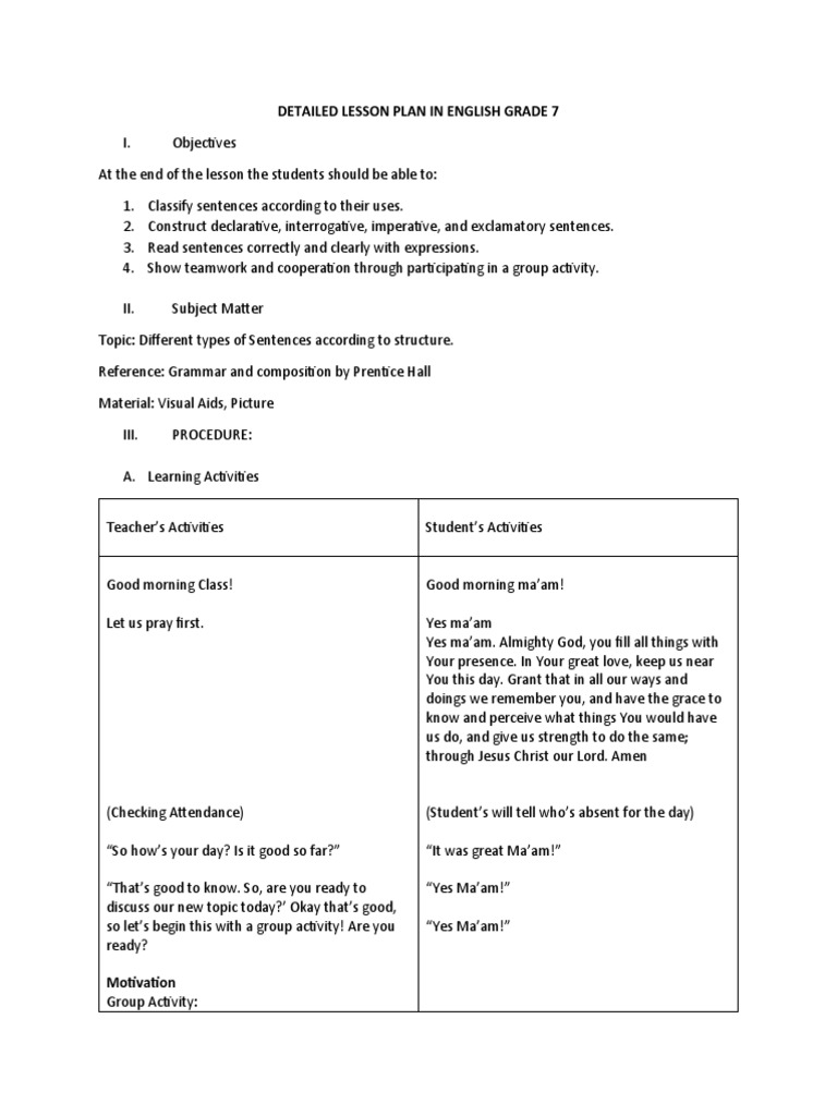 Detailed Lesson Plan in English Grade 7 | PDF | Question | Sentence (Linguistics)