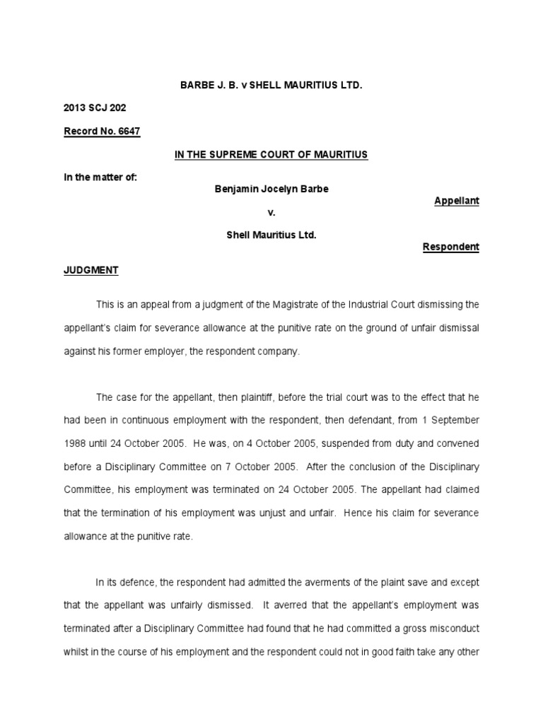 BARBE J B V SHELL MAURITIUS LTD 2013 SCJ 202 | PDF | Judgment (Law ...